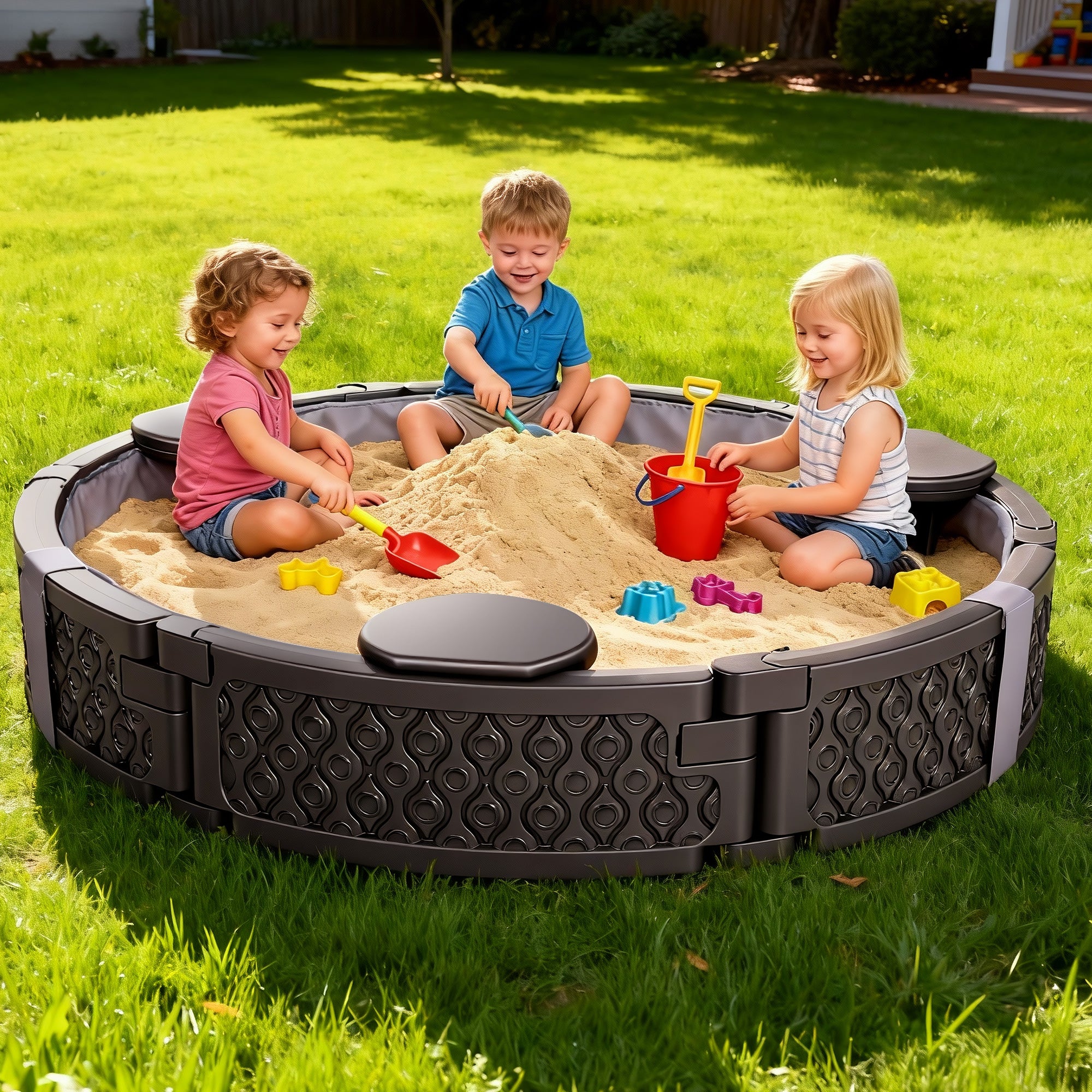 FUNTOK 47x47" Sandbox with Cover, Plastic Sand Box for Kids with 3 Rem ...